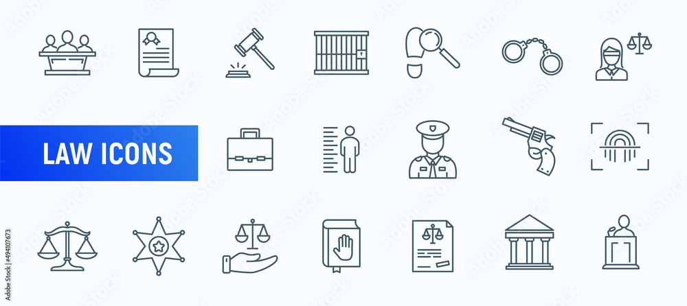 Law legal justice court line icon set. Hammer courtroom vector judge ...