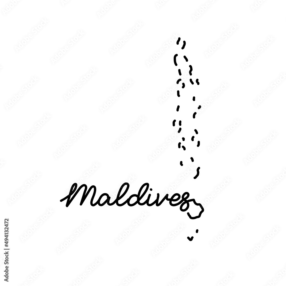 Maldives outline map with the handwritten country name. Continuous line ...