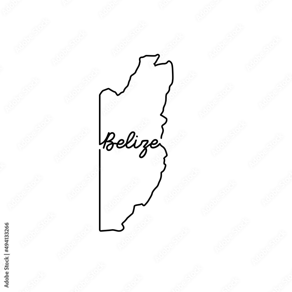 Belize outline map with the handwritten country name. Continuous line ...
