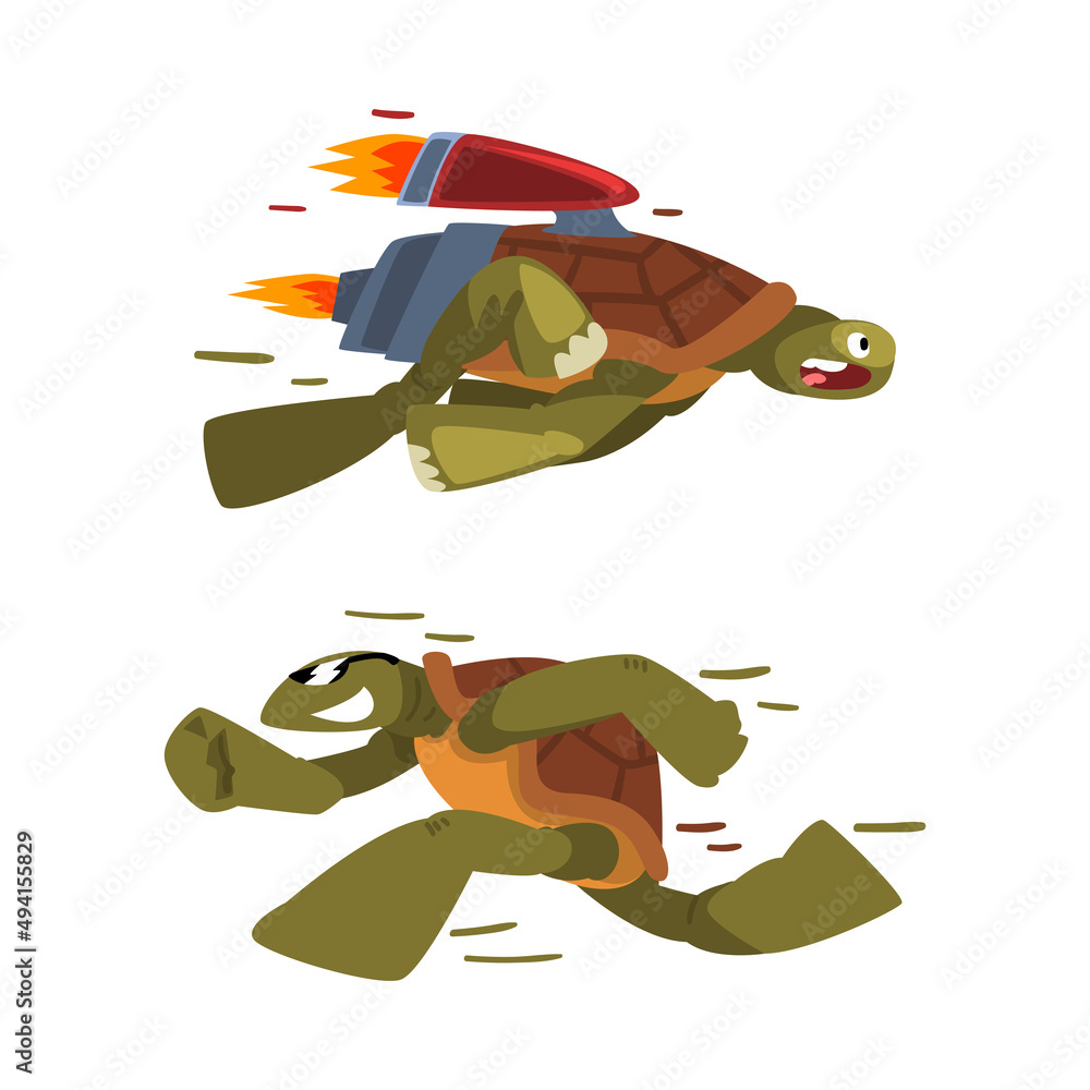 Fast turtles set. Funny tortoise with jet engine cartoon vector ...