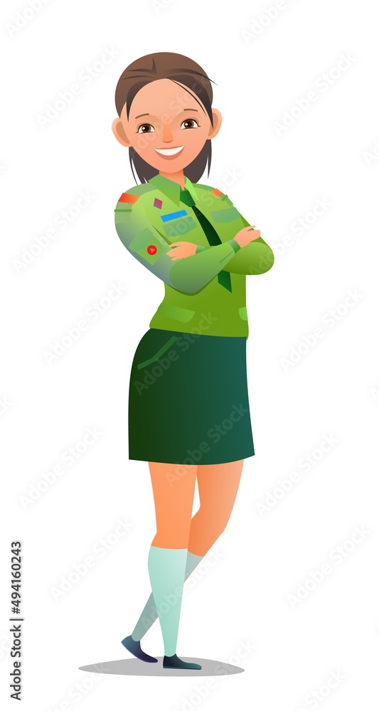 Pretty little girl in scout uniform with badges. Cheerful girl ...