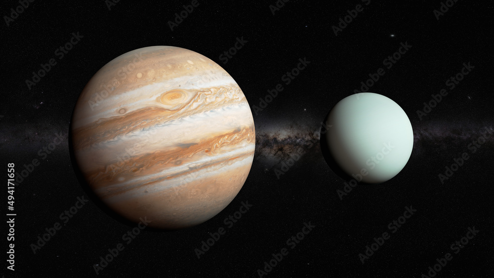 realistic 3d illustration of Jupiter and Uranus planet size comparison ...