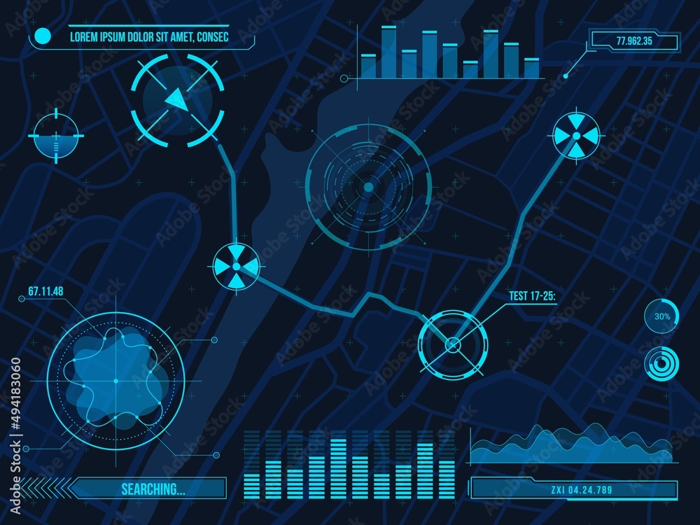 Vetor Hud navigation map cyber design with aims, diagrams and charts ...