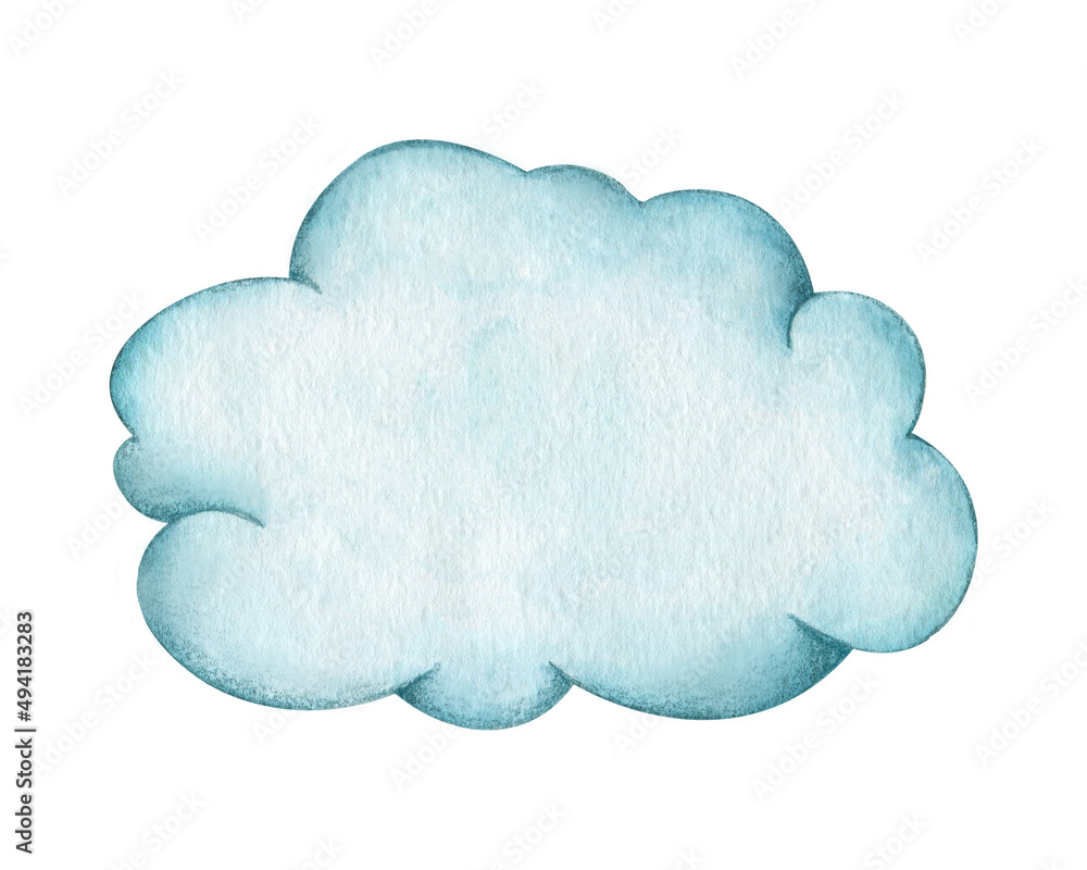 Watercolor blue cloud cartoon illustration. Isolated clipart element on ...