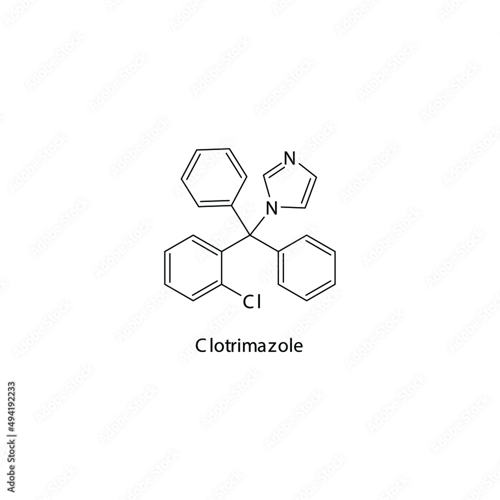 Clotrimazole molecular structure, flat skeletal chemical formula. Azole ...