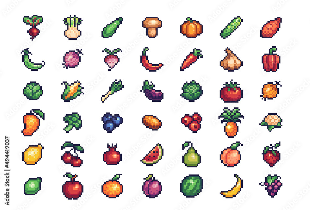 Vegetables and fruits pixel art set. Different garden plants collection ...