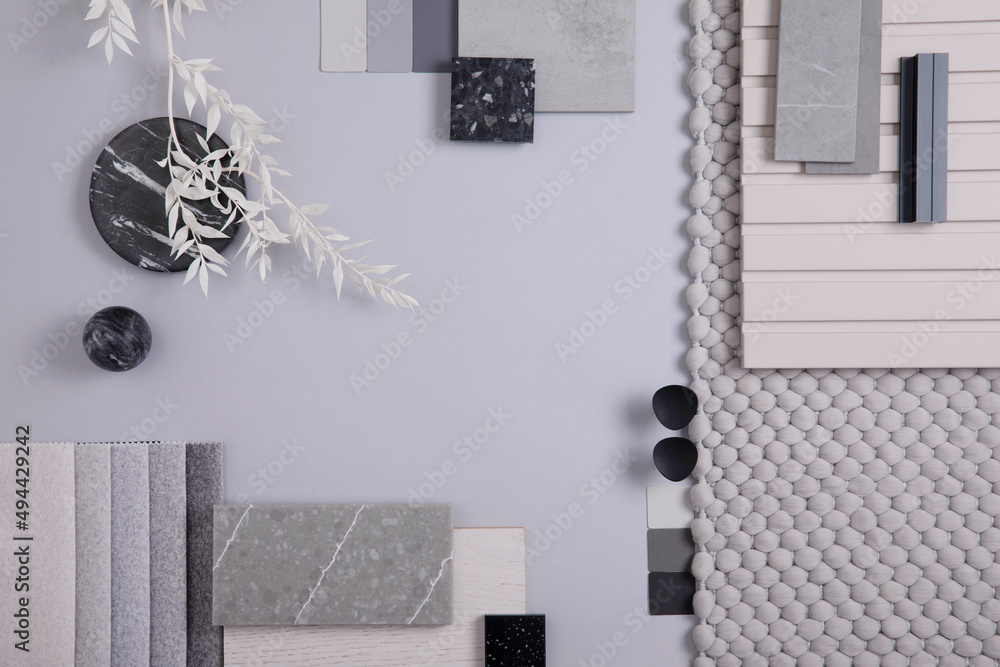 Elegant flat lay composition in grey color palette with textile and ...