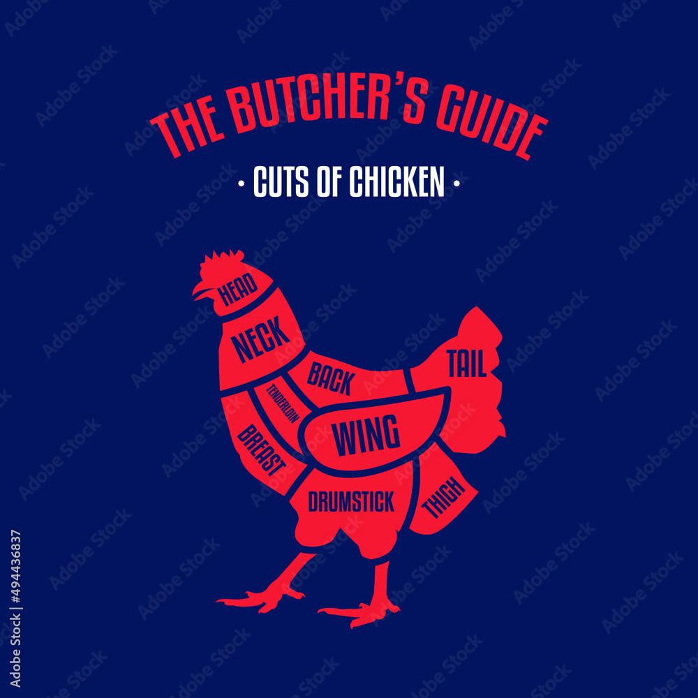 Meat and Chicken cuts. Diagrams for butcher shop. Scheme of Chicken ...