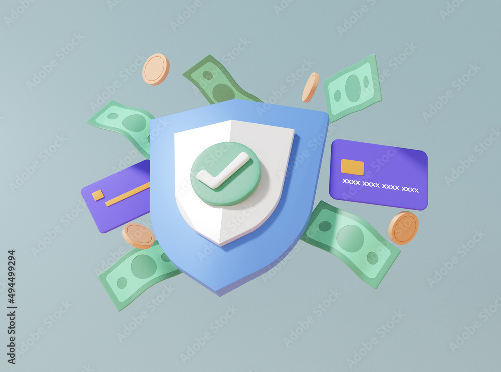 Cartoon protection shield icon and check mark with security, banknote ...