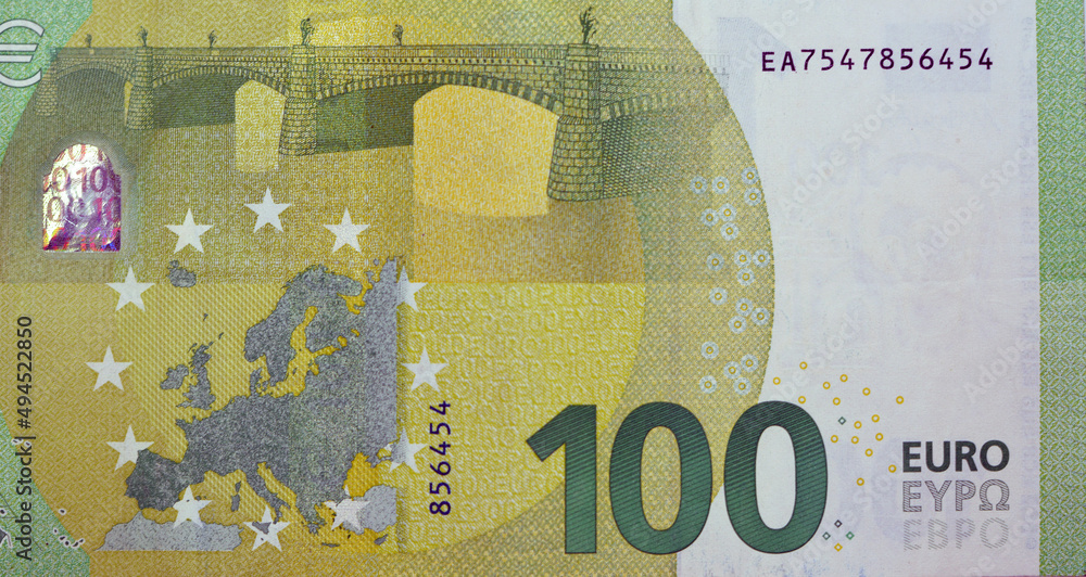 large fragment of the reverse side of €100 one hundred Euro bill ...