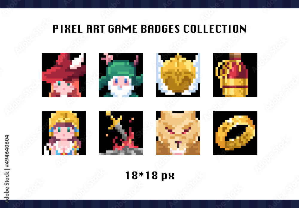 Set of vintage pixel gaming stickers. 8 bit mosaic pixel art ...