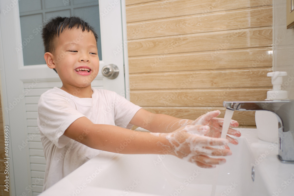 Handwashing, Cute little Asian 5 years old kindergarten boy child ...