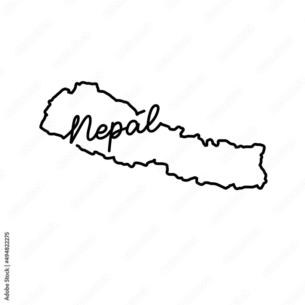 Nepal outline map with the handwritten country name. Continuous line ...