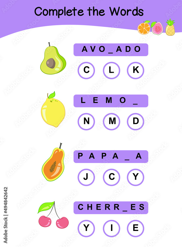 What letters are missing? Complete the words. Fruits Theme Names ...