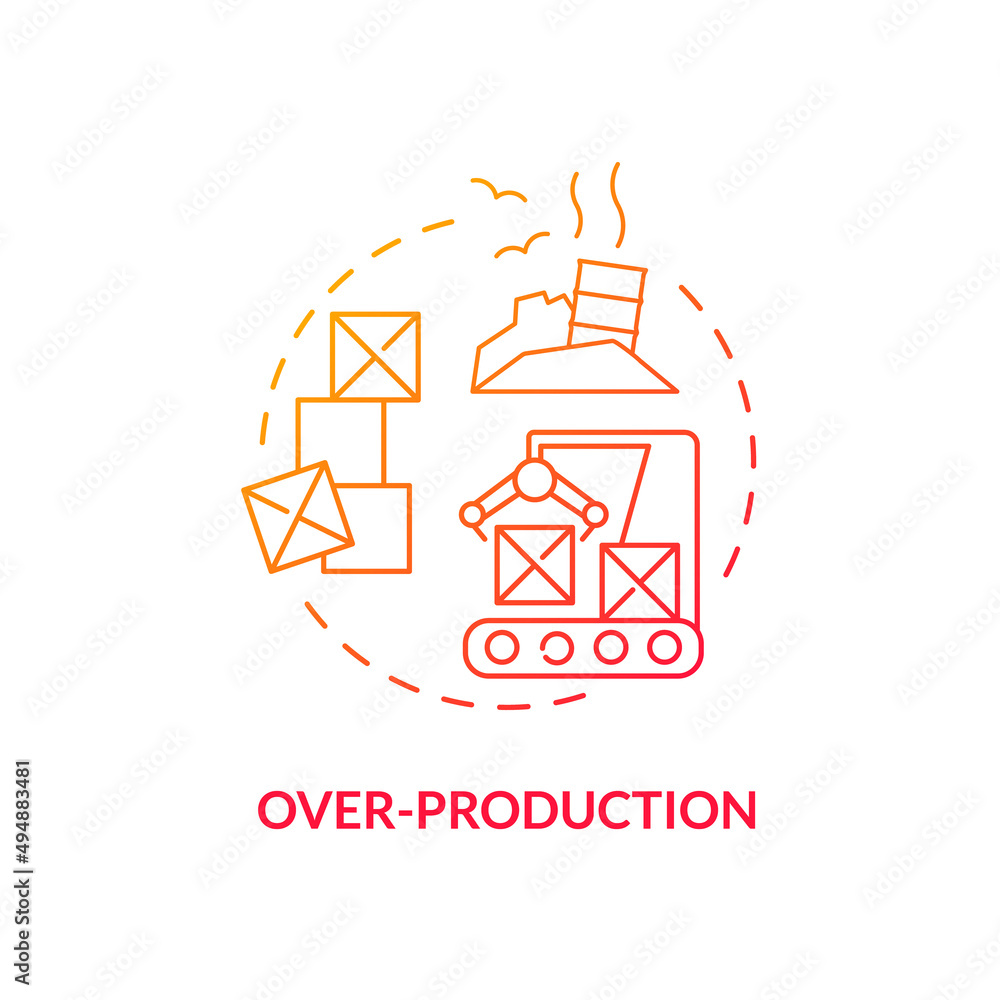 Overproduction red gradient concept icon. Excessive goods manufacturing ...