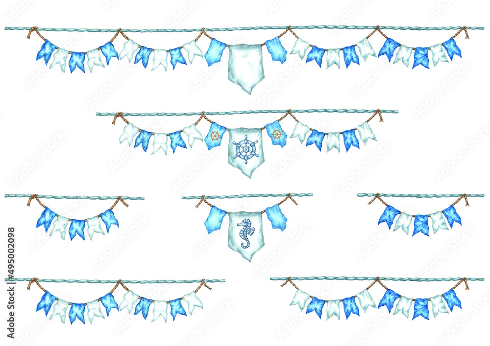 An isolated watercolor illustration of various groups of five and three ...