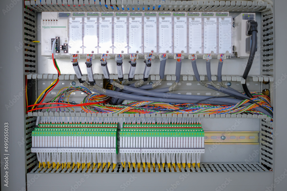 Photo Stock Wiring PLC Control panel with wires industrial factory ...