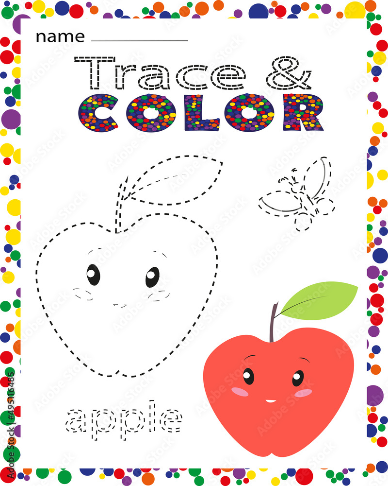Apple character vector illustration. Trace line and color page game for ...