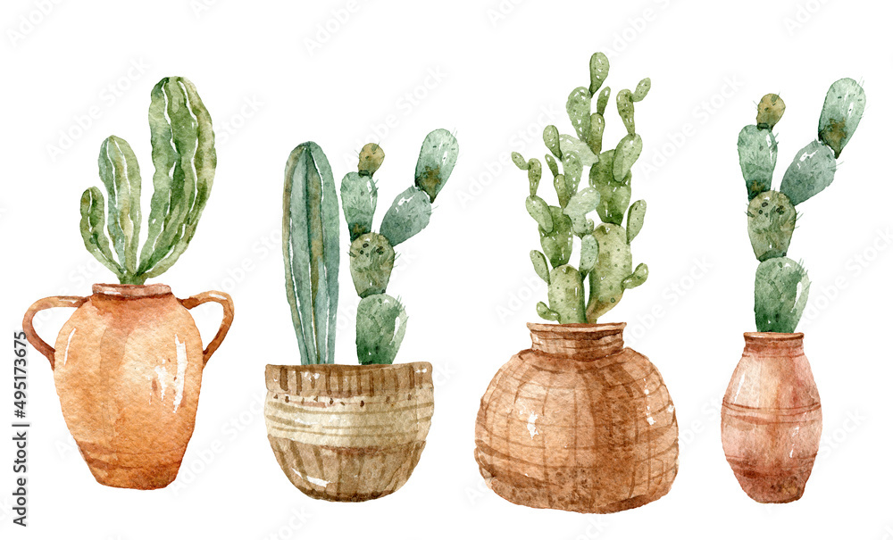 Watercolor hand painted potted cacti clipart set. Hand drawn dessert ...