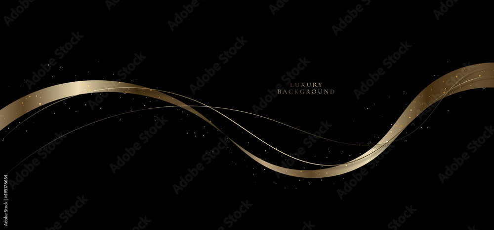 Abstract modern luxury golden wave lines and ribbon gold particles with lighting effect on black ...