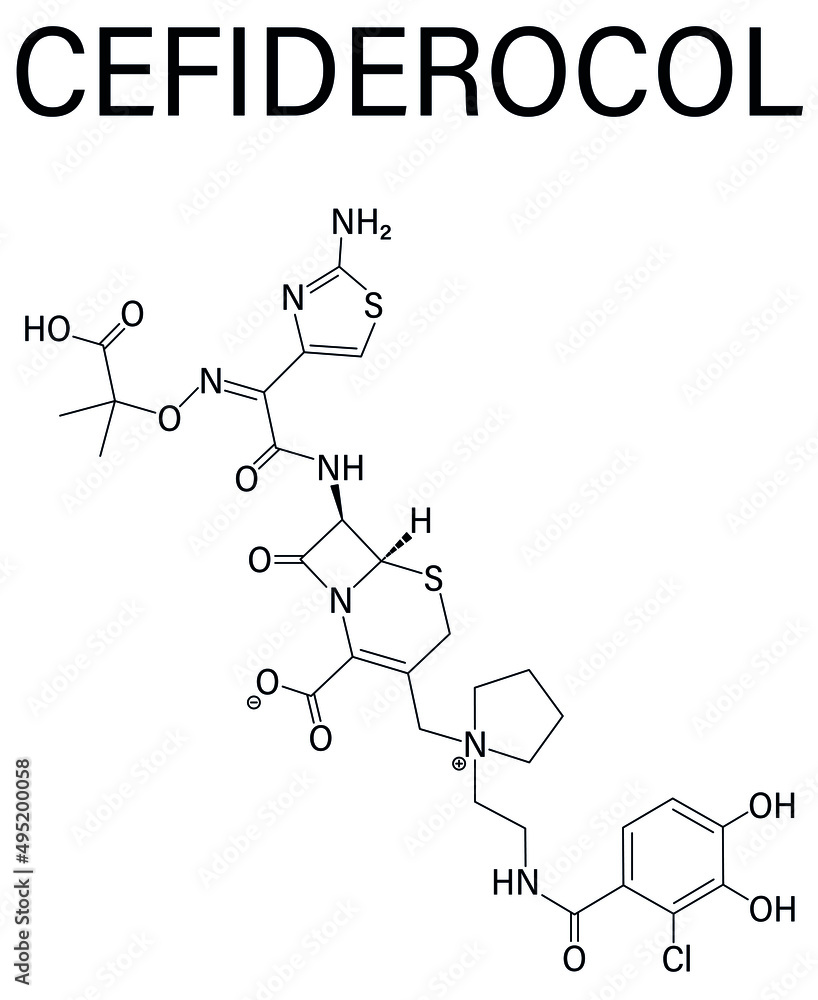 Cefiderocol antibiotic drug molecule (cephalosporin class). Skeletal ...