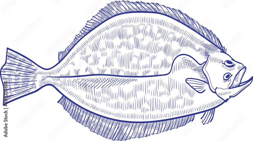 Flounder Fish Monochrome Hand Drawn Illustration Stock Vector | Adobe Stock