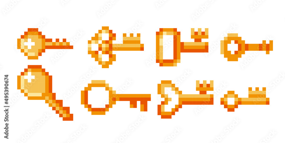 Golden keys pixel art set. Chest opener collection. 8-bit sprite. Game ...