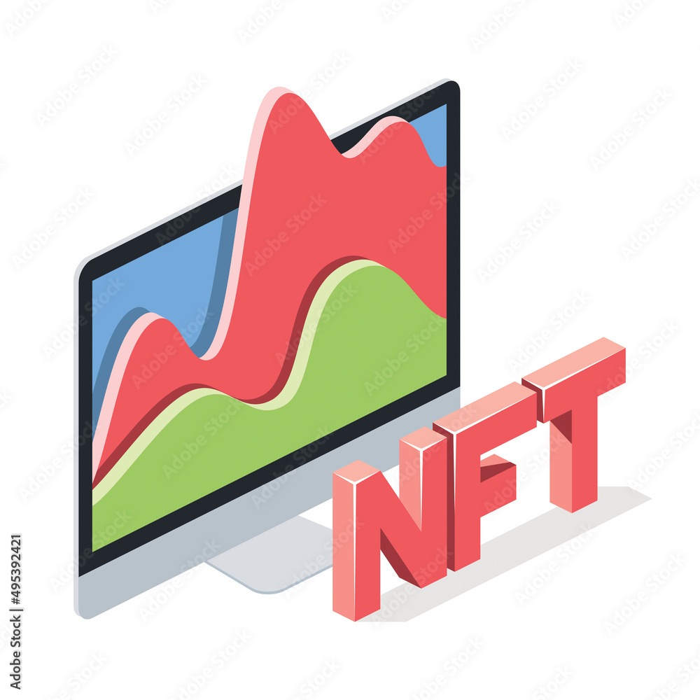 Computer NFT charts. Vector 3d line isometric, color web icons, new ...