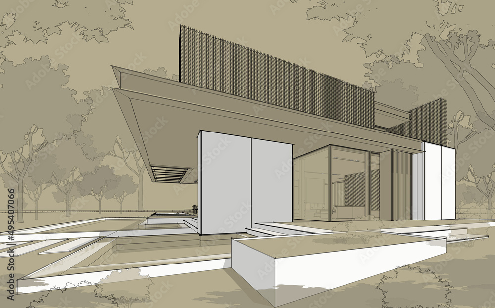 3d rendering of modern cozy house with parking and pool for sale or ...