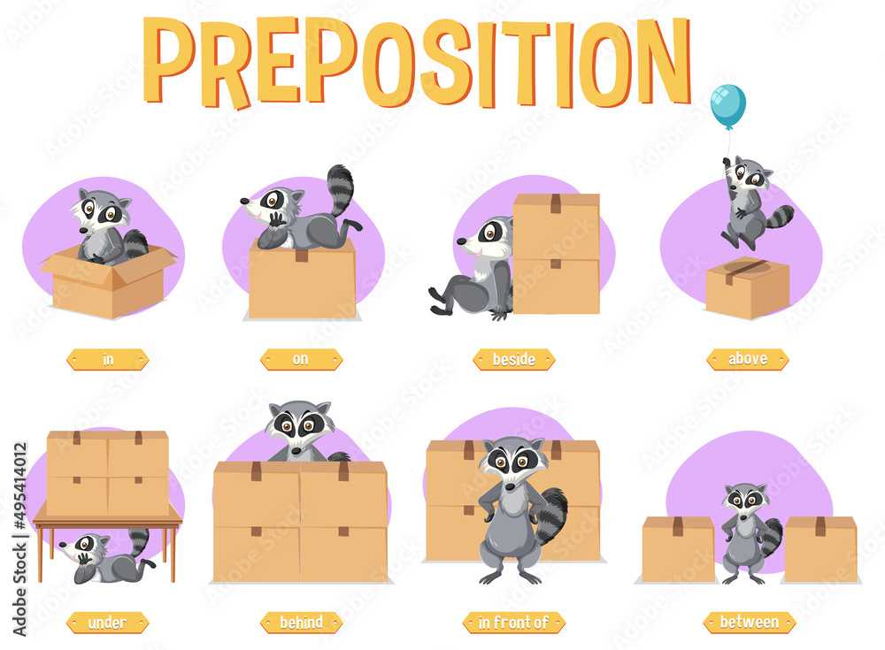 Preposition wordcard with raccoon and boxes Stock Vector | Adobe Stock
