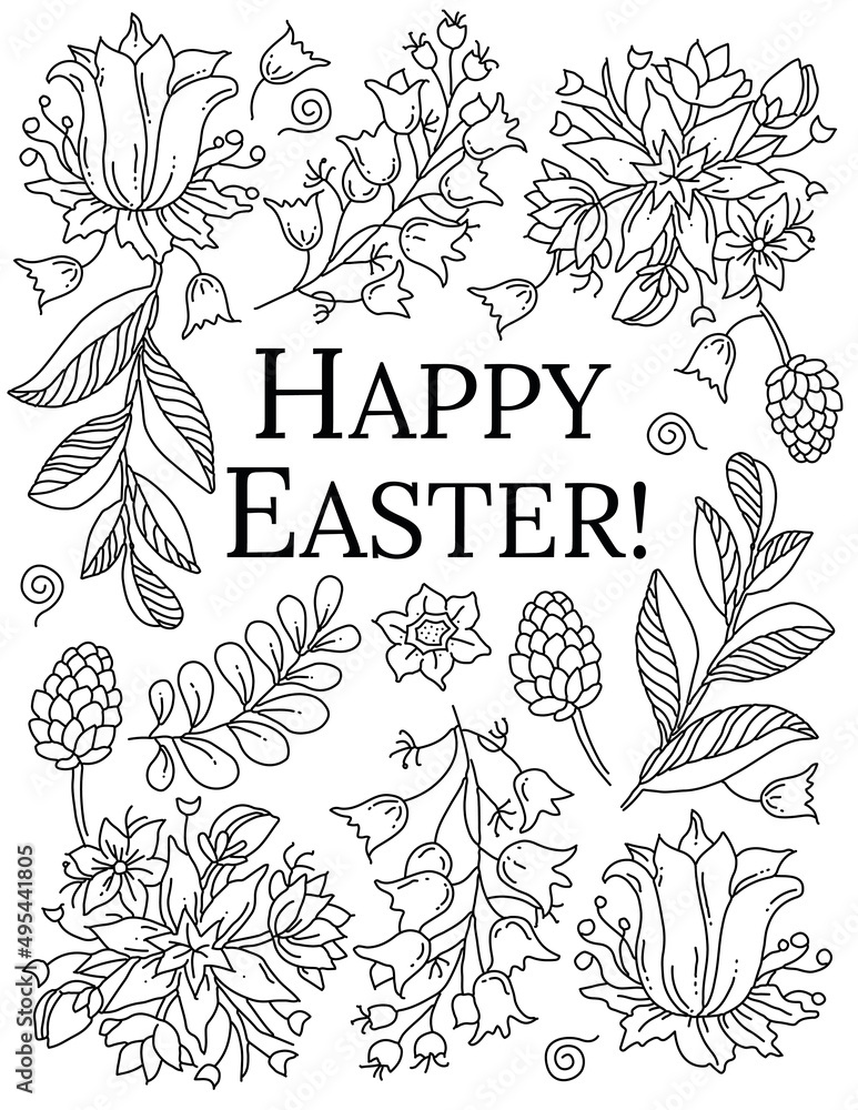 Happy Easter! Hand drawn coloring pages for kids and adults. Beautiful ...