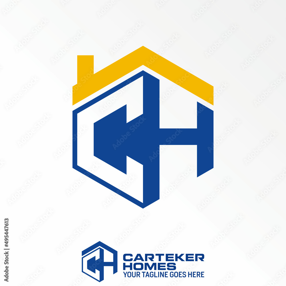 letter or word CH font in hexagon line and roof house image graphic ...