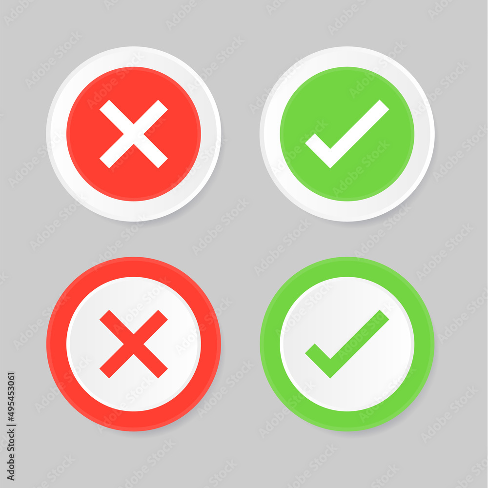 checkmark icon button correct and incorrect sign or check mark box frame with green tick and red ...
