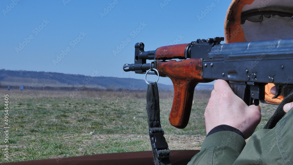 Military training. Soldier participates in a shooting training in a ...