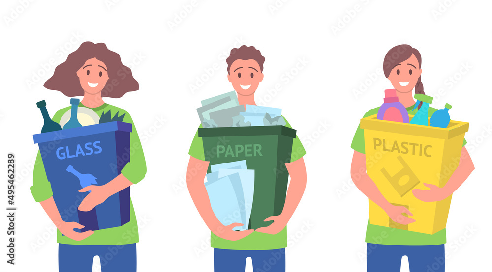 Cartoon Color Characters People Holding Trash Bins Set Recycling Waste ...