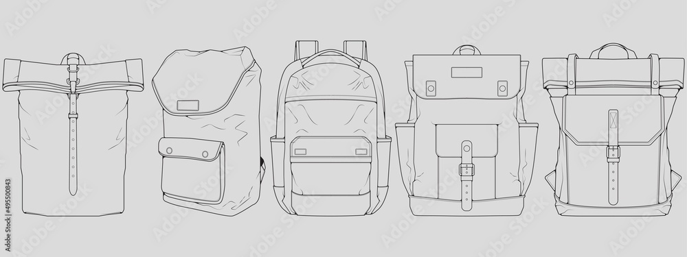 Set of backpack outline drawing vector, set of Backpack in a sketch ...