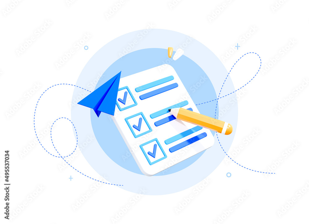 3D Checklist or task list with completed business assignments. Test or ...