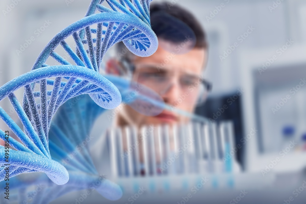 Scientist with tube pcr and virtual screen with data scientific at ...