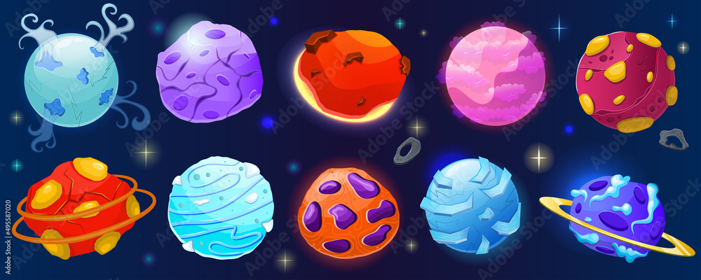 Cartoon spase planet clipart icon set with ice, fire and rock. Magic ...