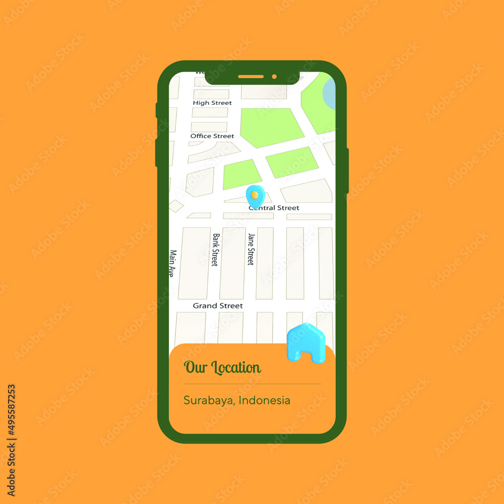 Smartphone display showing the location of a place on the map. User ...