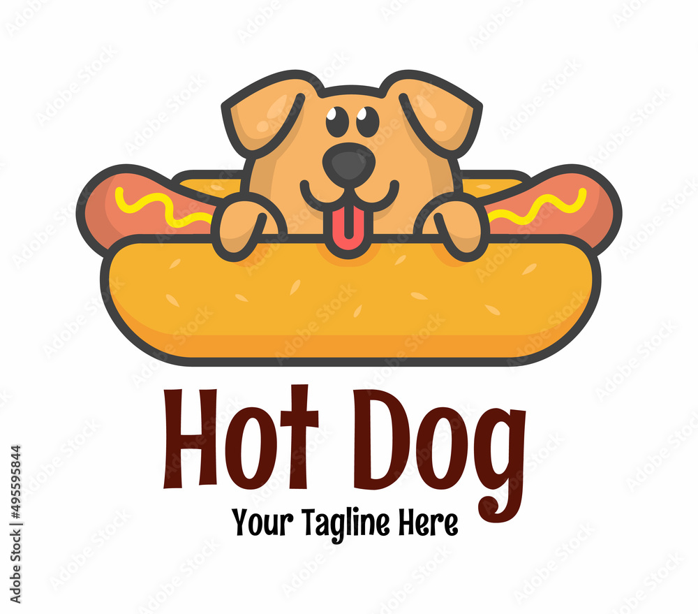 Cute humorous hot dog logo with curious puppy. Stock Vector | Adobe Stock