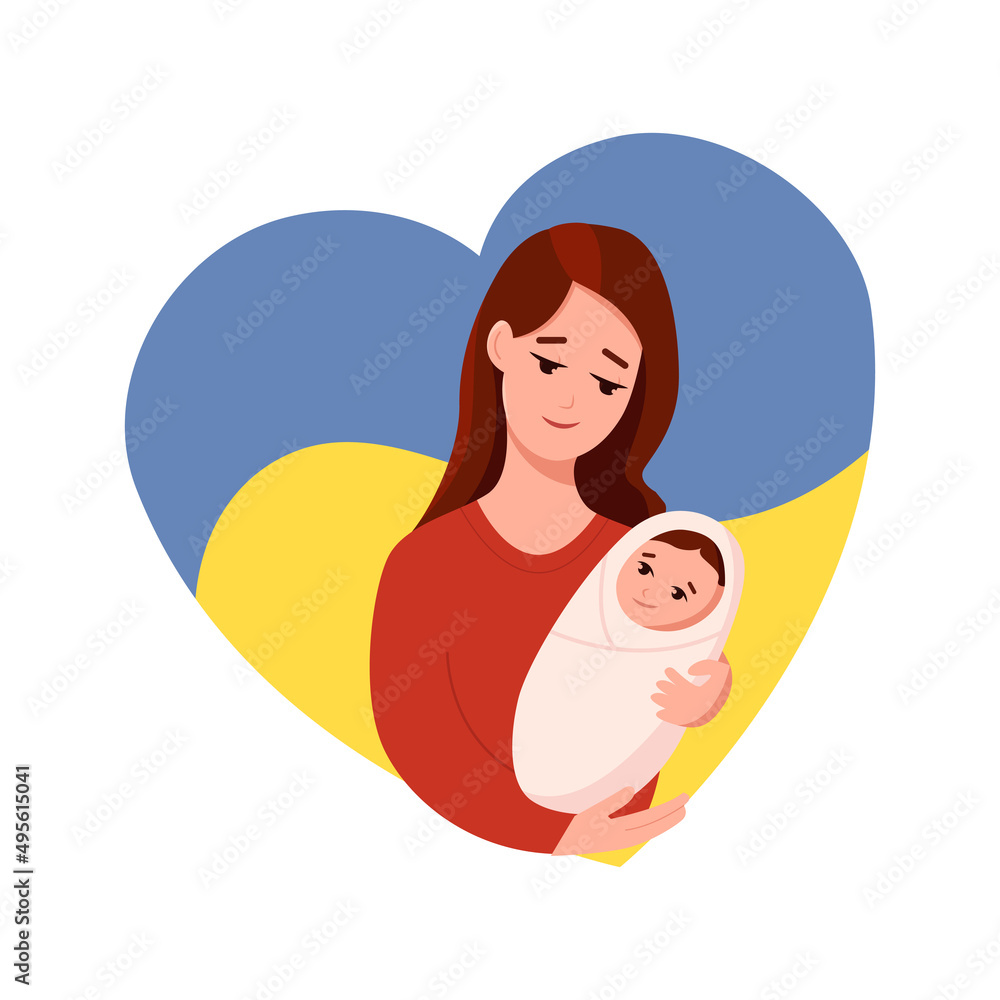 Cartoon vector illustration mother holds her newborn baby. Ukrainian ...