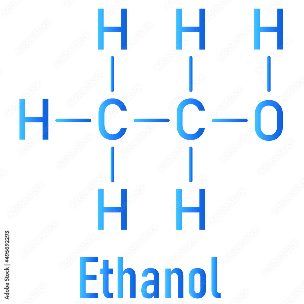 Alcohol (ethanol, ethyl alcohol) molecule, chemical structure. Skeletal ...