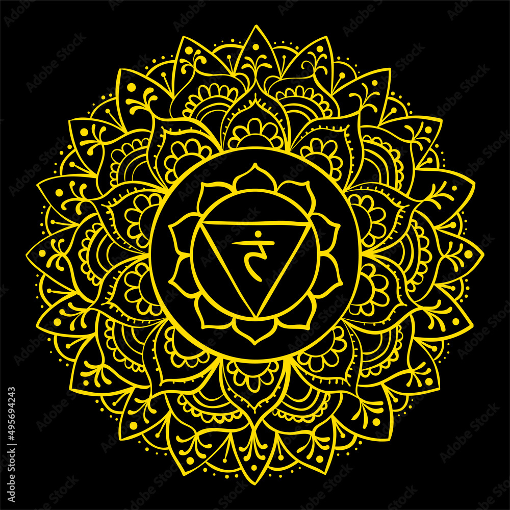 Manipura art. The third sun chakra. Hand drawn sloppy style. Vector yellow symbol. Meditation ...