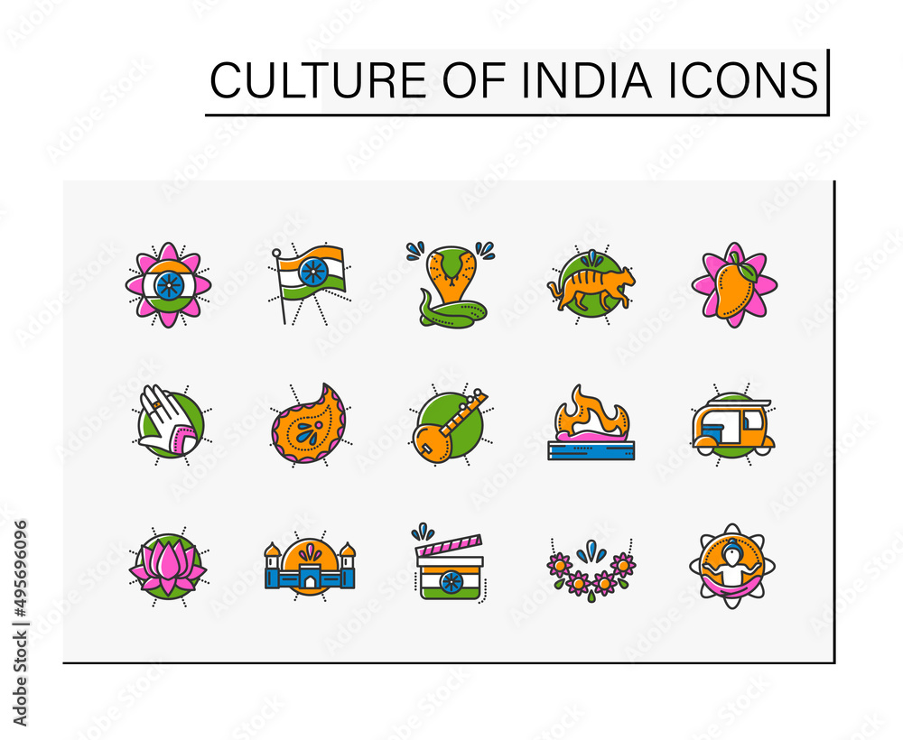Indian culture color icons set. National traditions and customs ...