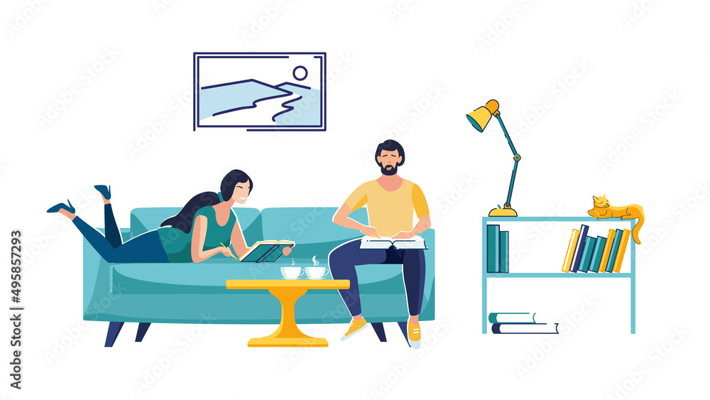 Learning concept, young people reading books, studying at home and ...