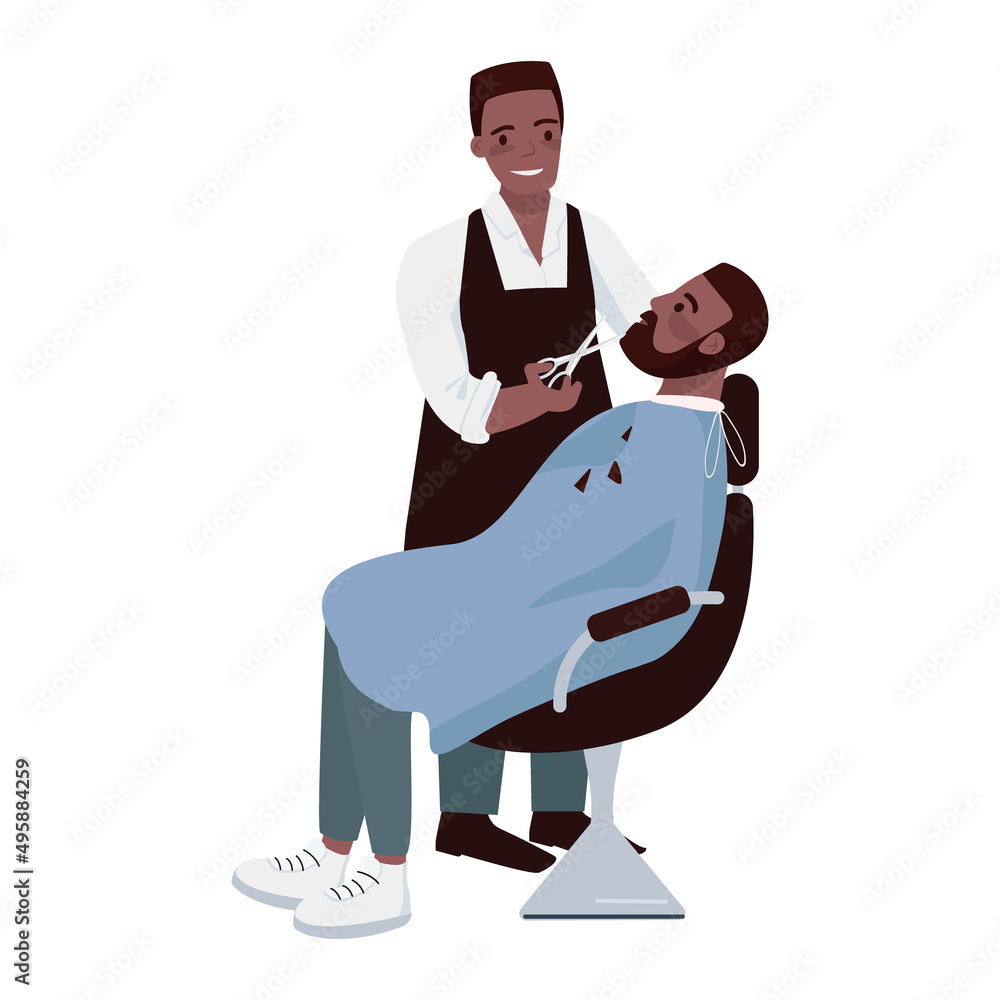 Young barber shaping male client beard semi flat color vector ...