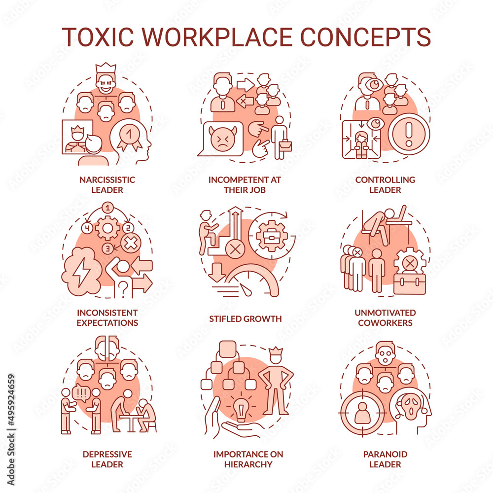 Toxic workplace red concept icons set. Toxic leader. Unhealthy work ...