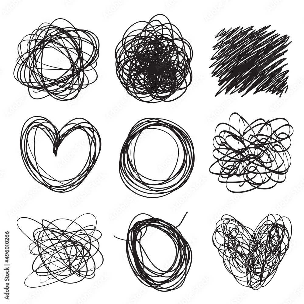 Tangled shapes on white. Chaos patterns. Scribble sketches. Backgrounds with array of lines ...