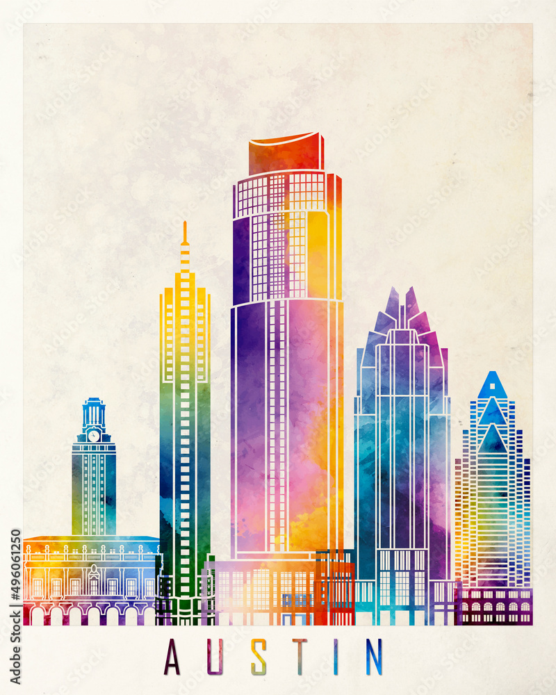 Austin landmarks watercolor poster Stock Illustration | Adobe Stock